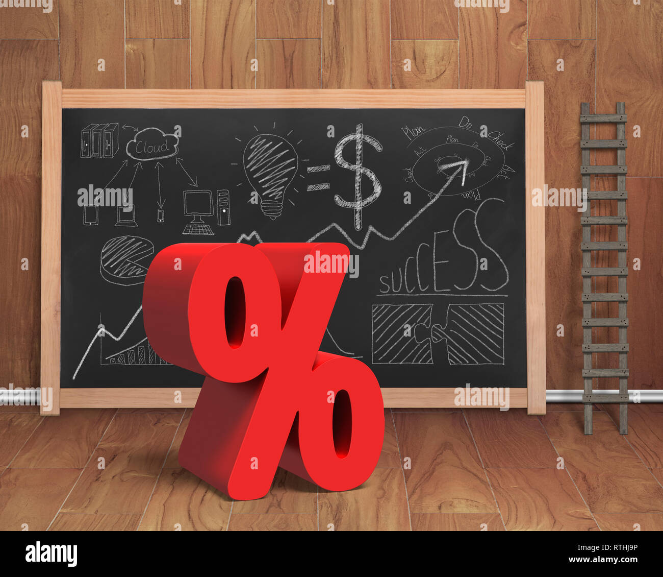 Red percentage sign with business concept doodles on blackboard in ...
