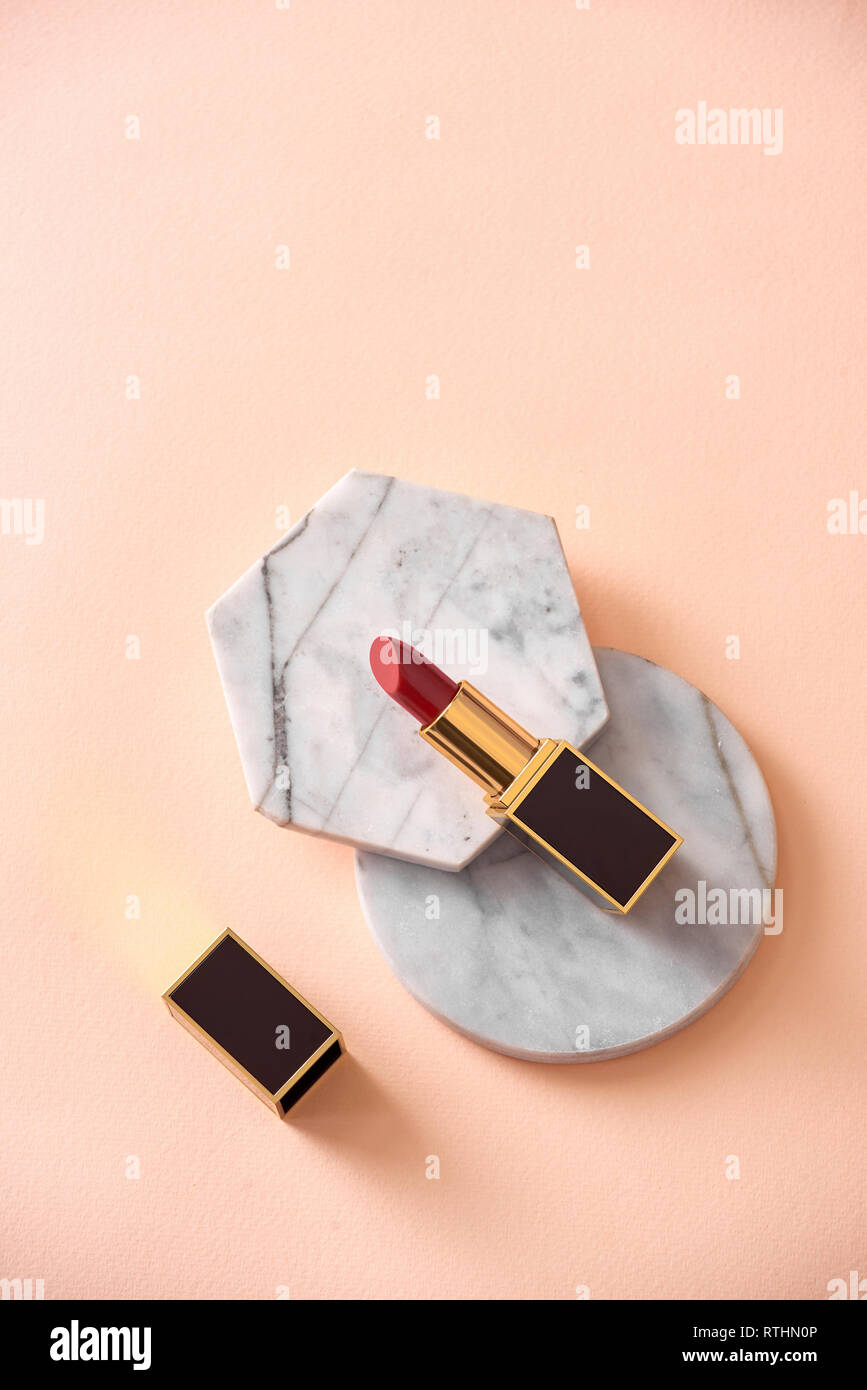 Red matte lipstick style on pastel isolated background Stock Photo - Alamy