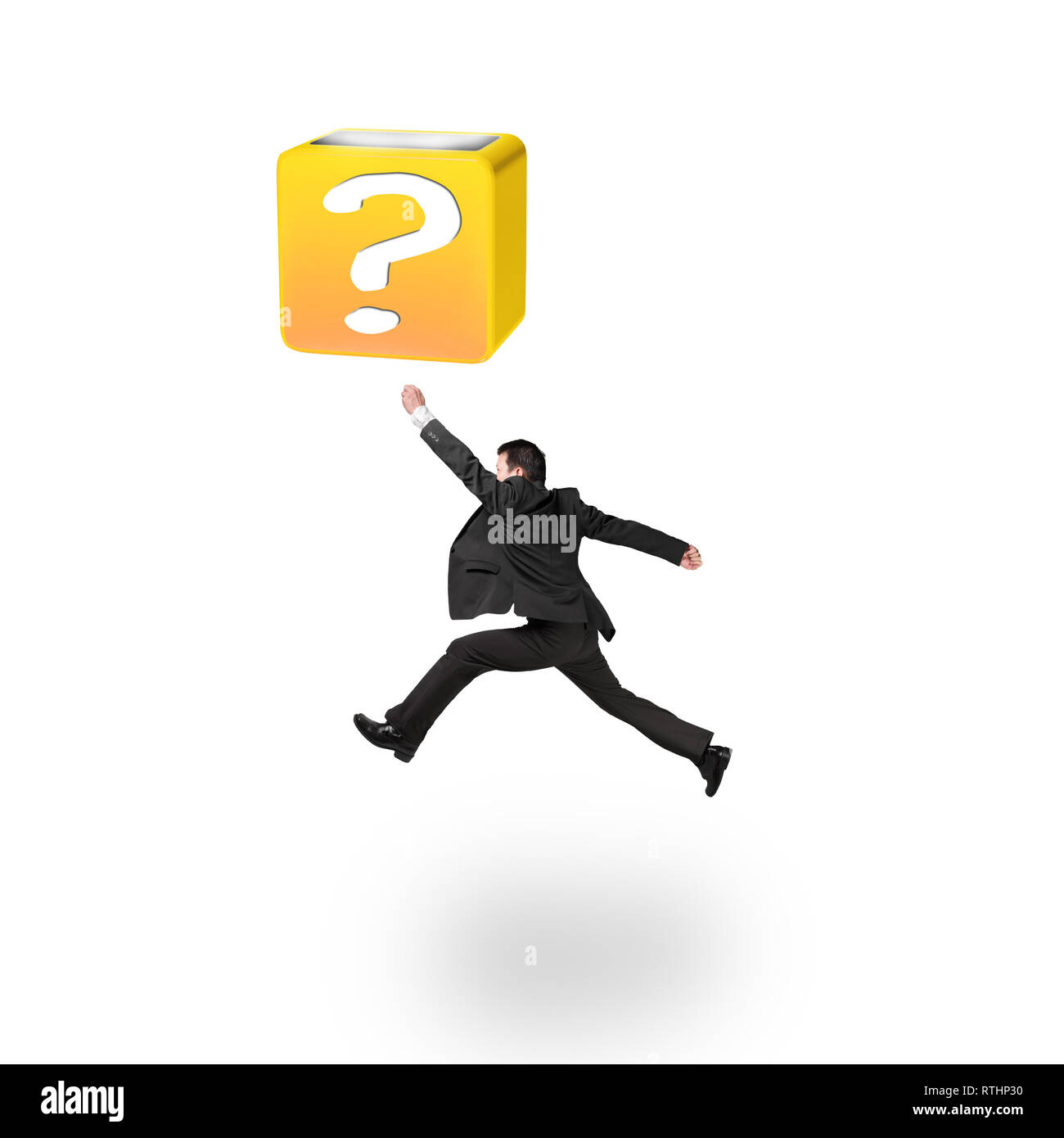Jumping businessman hitting 3d question mark box isolated on white ...