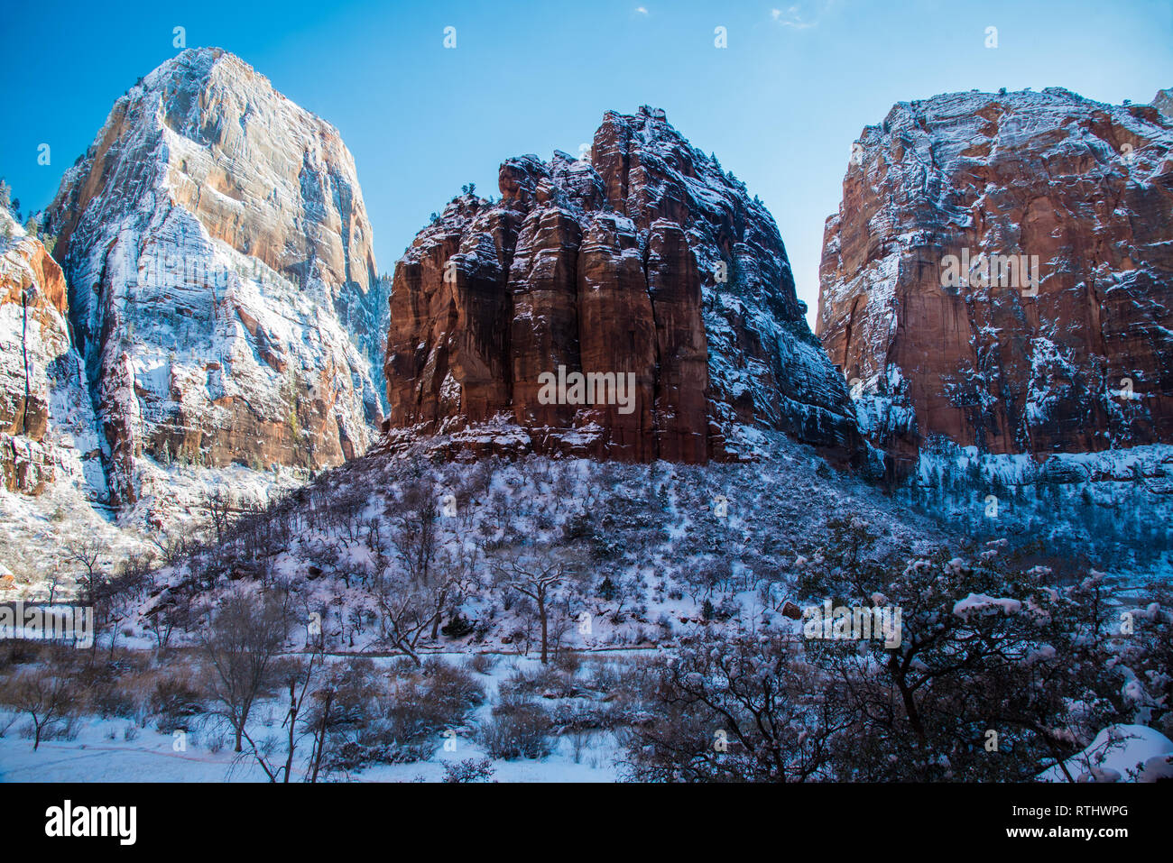 The Great White Throne in Zions National Park after a spring snow storm ...