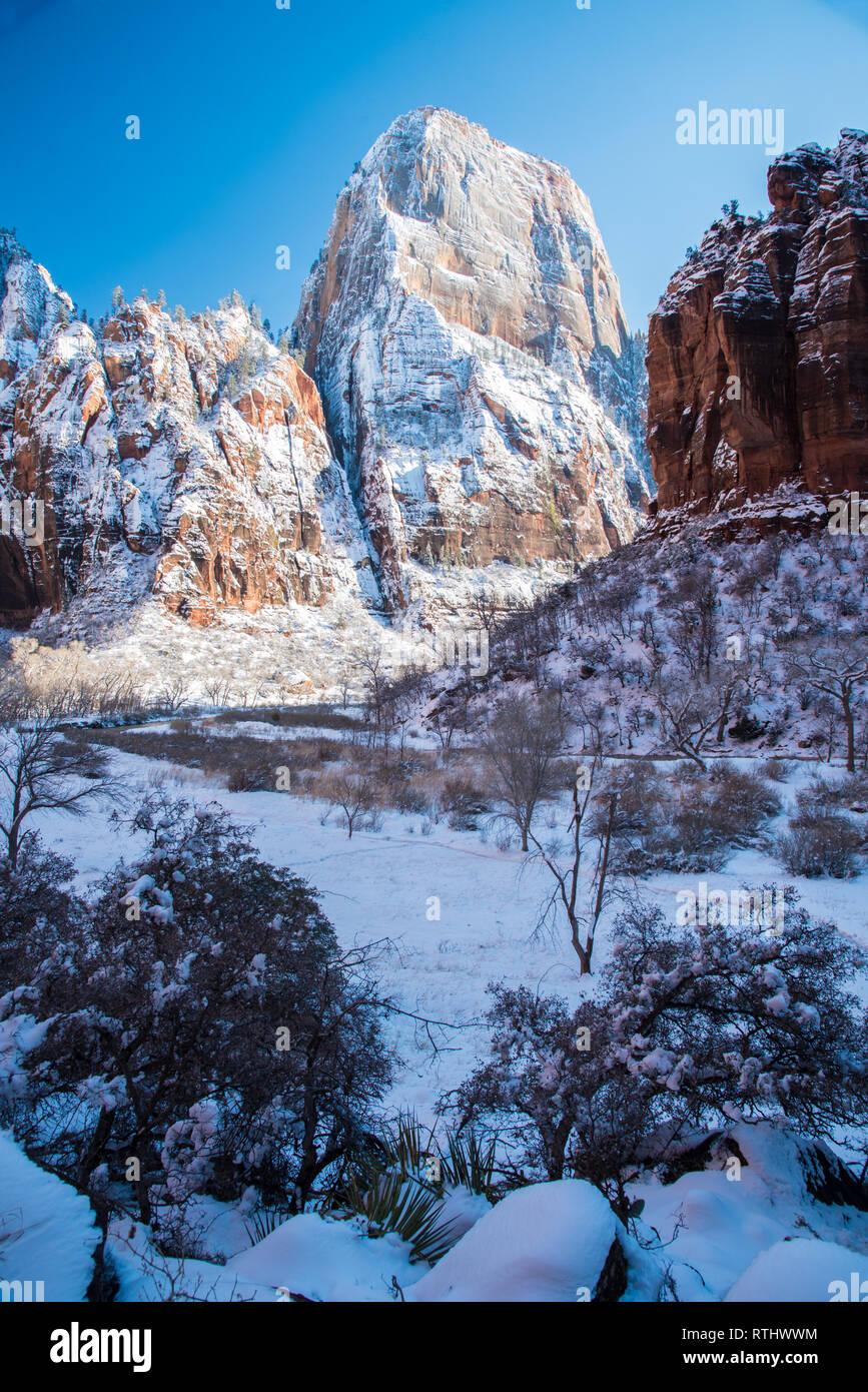 The Great White Throne in Zions National Park after a spring snow storm ...