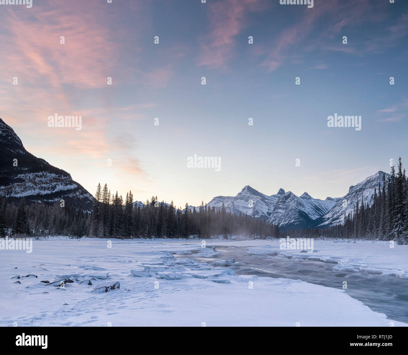Long exposure image of the Athabasca River, above the Athabasca Falls ...