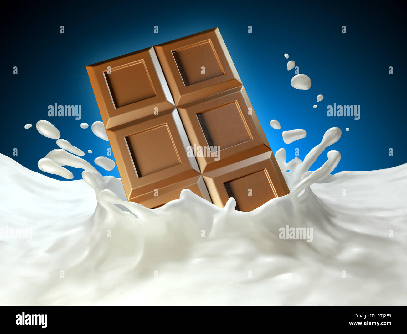 Chocolate bar splashing into some milk. 3D illustration Stock Photo - Alamy