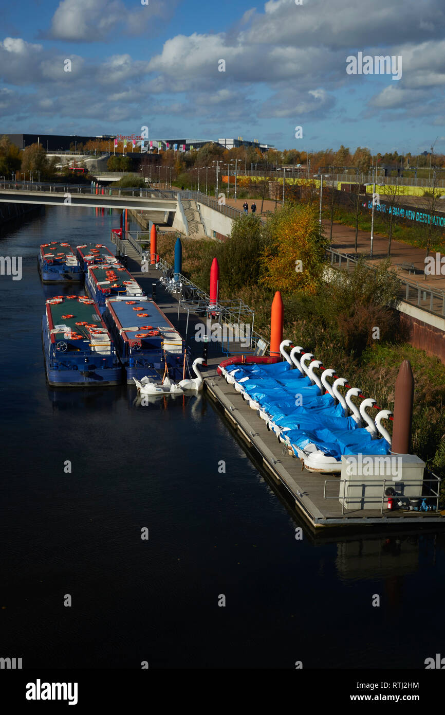 Lea river landscape with barges in the Lea Valley at the Queen ...