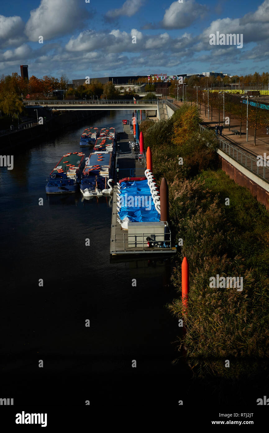 Lea river landscape with barges in the Lea Valley at the Queen ...
