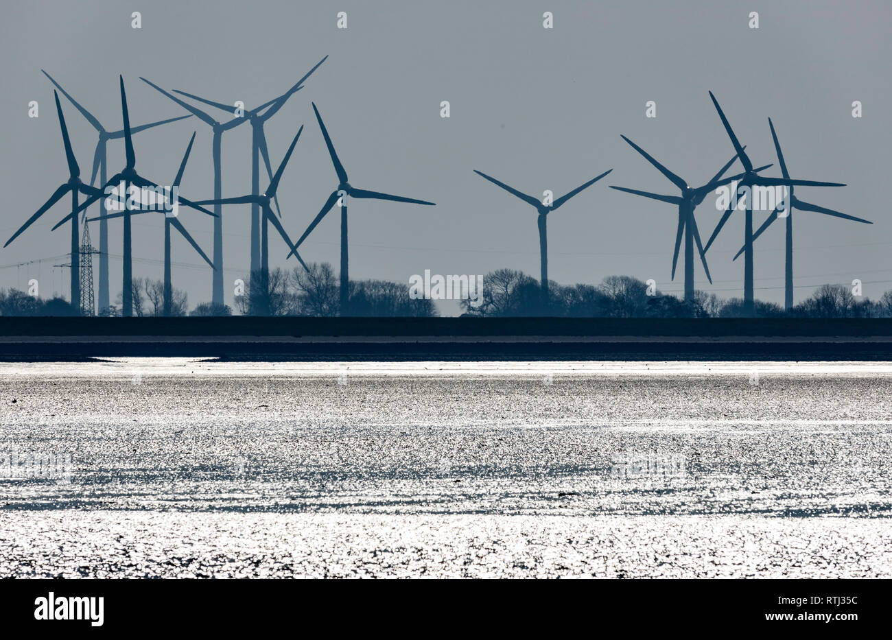 Wind farm, wind turbines, North Sea coast, Wadden Sea, in the district ...