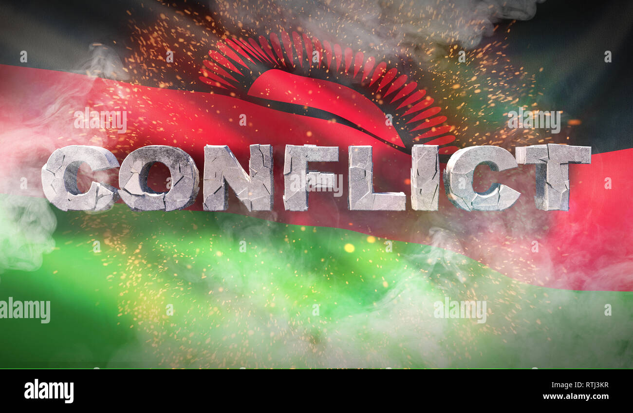 Conflict concept in Malawi. Waved highly detailed fabric texture. 3D ...
