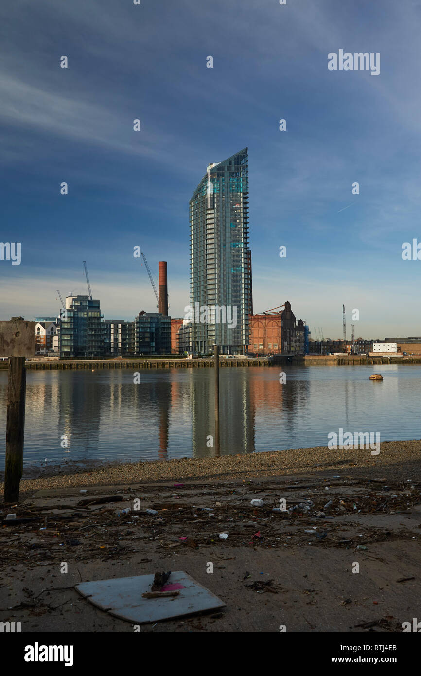 Thames riverside landscape at Battersea with gentrification ...