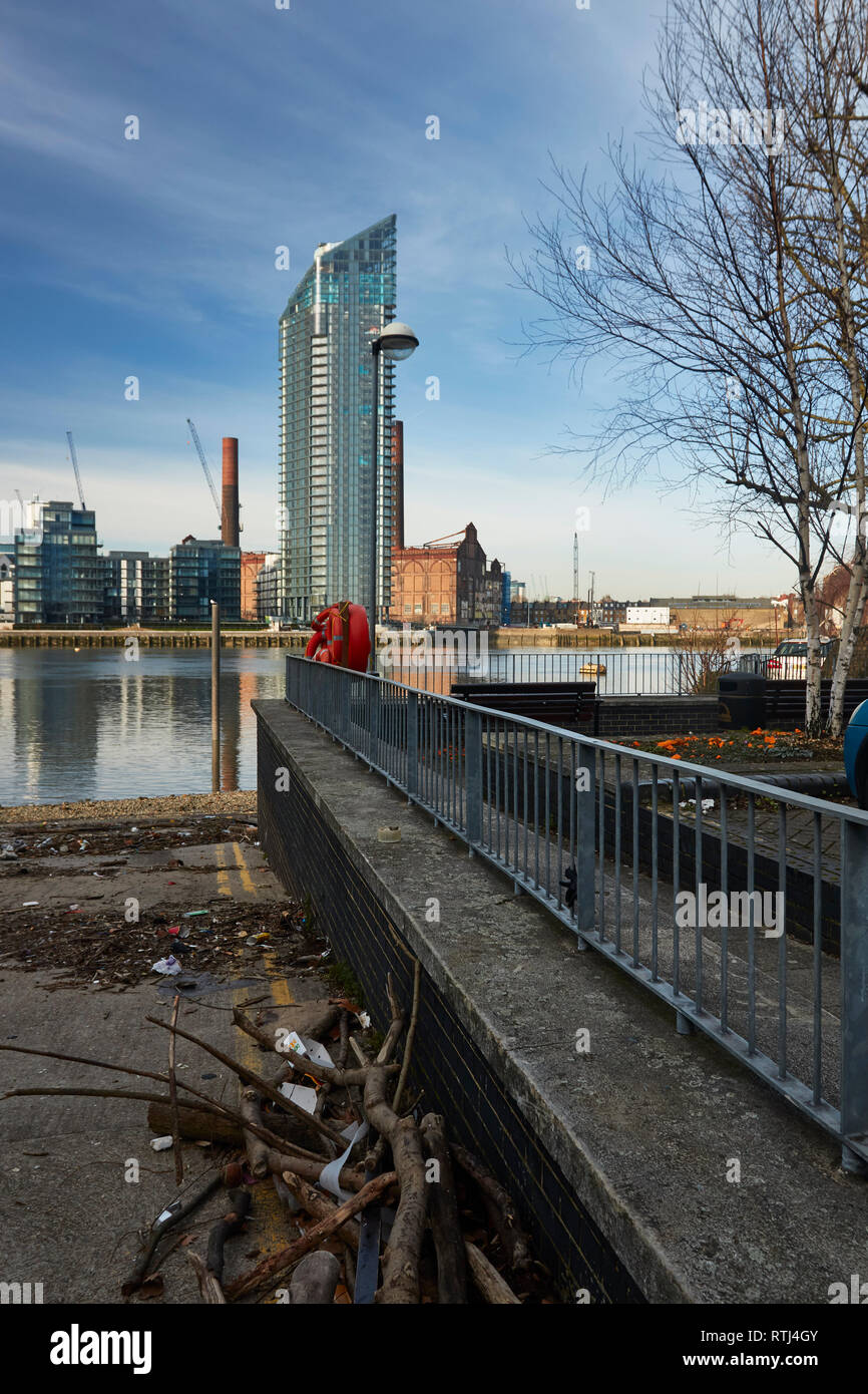 Thames riverside landscape at Battersea with gentrification ...