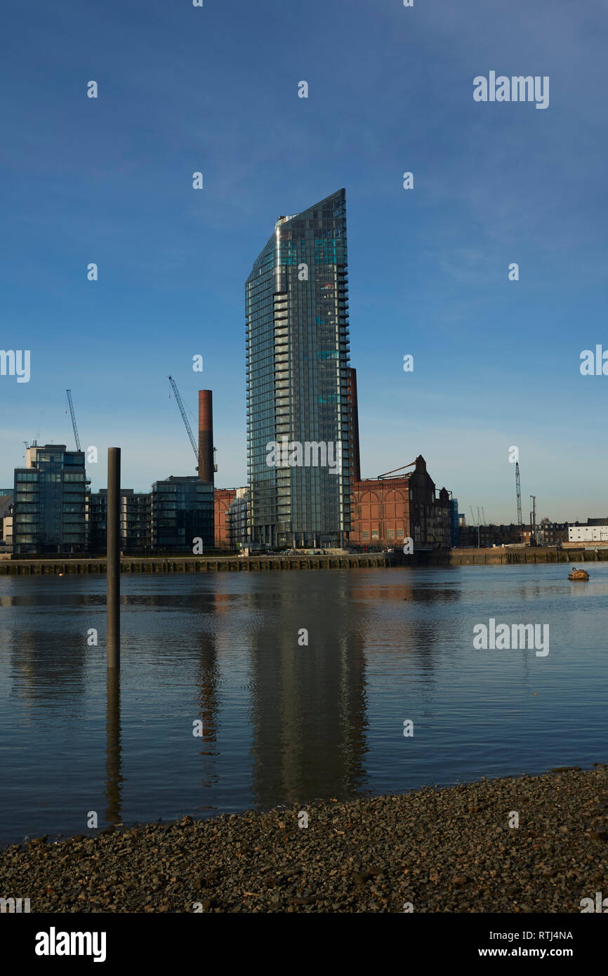 Thames riverside landscape at Battersea with gentrification ...