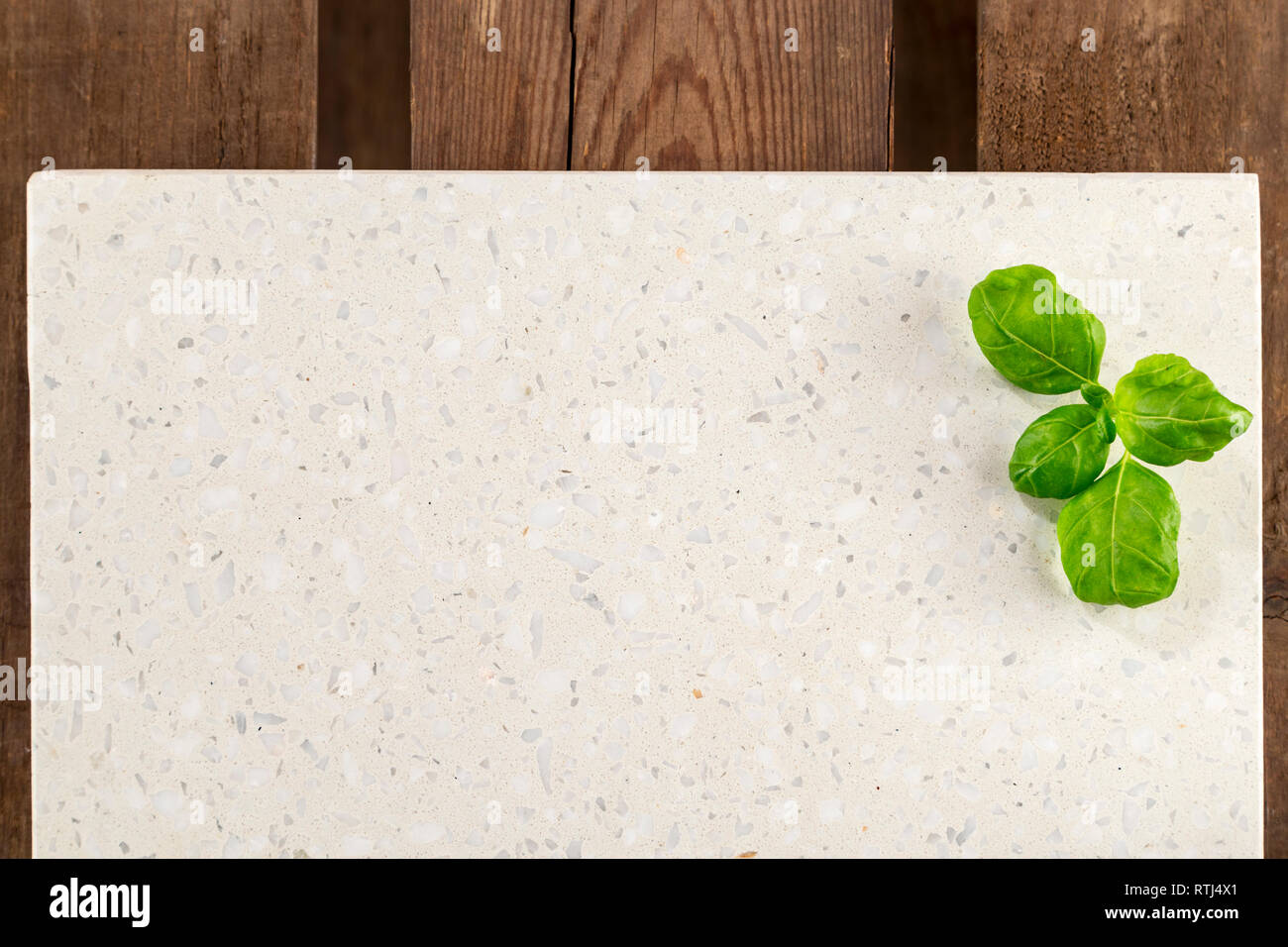 Concrete stone server with basil with space for text on rustic wood ...