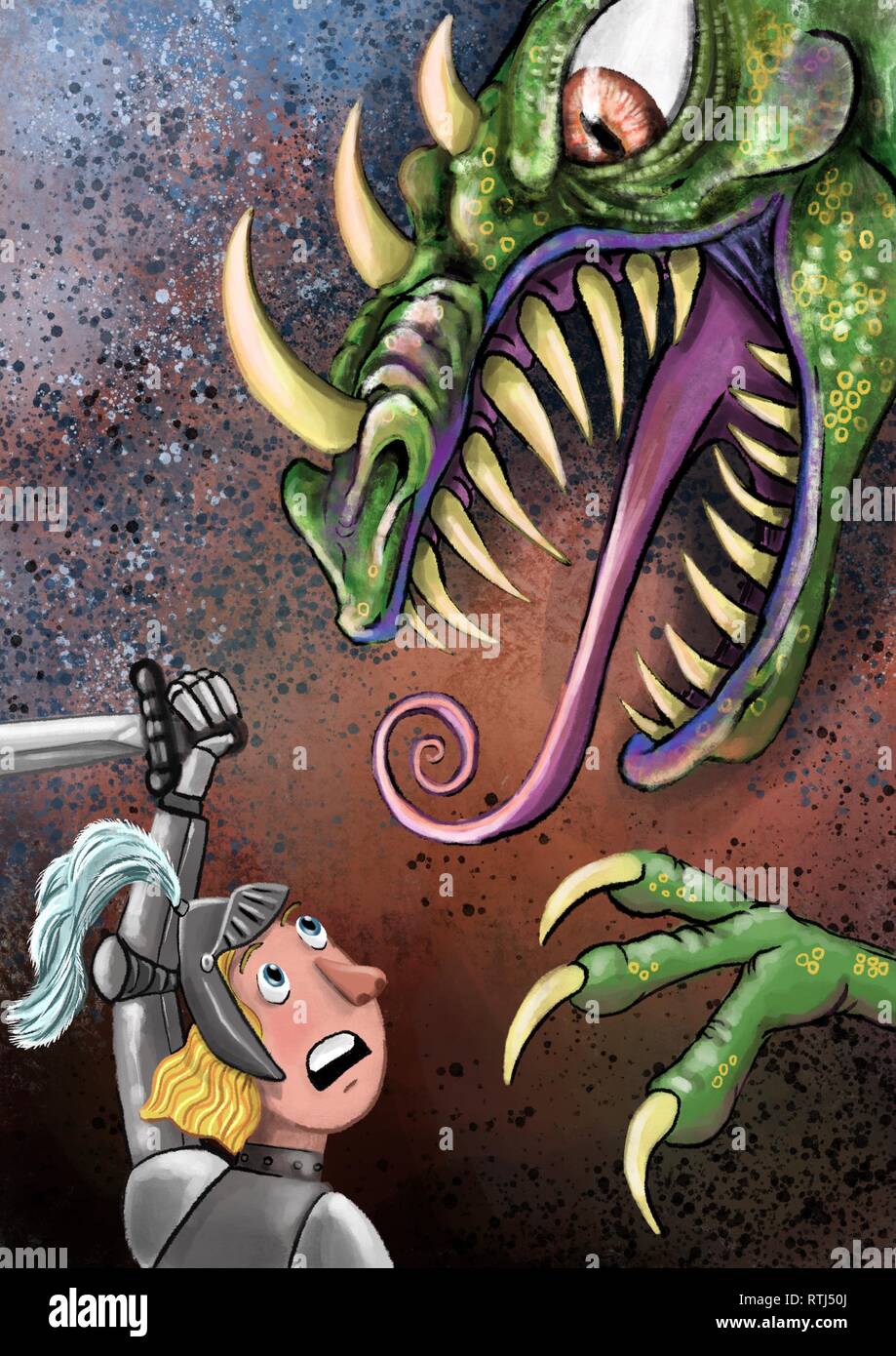 Dragon and knight illustration Stock Photo - Alamy