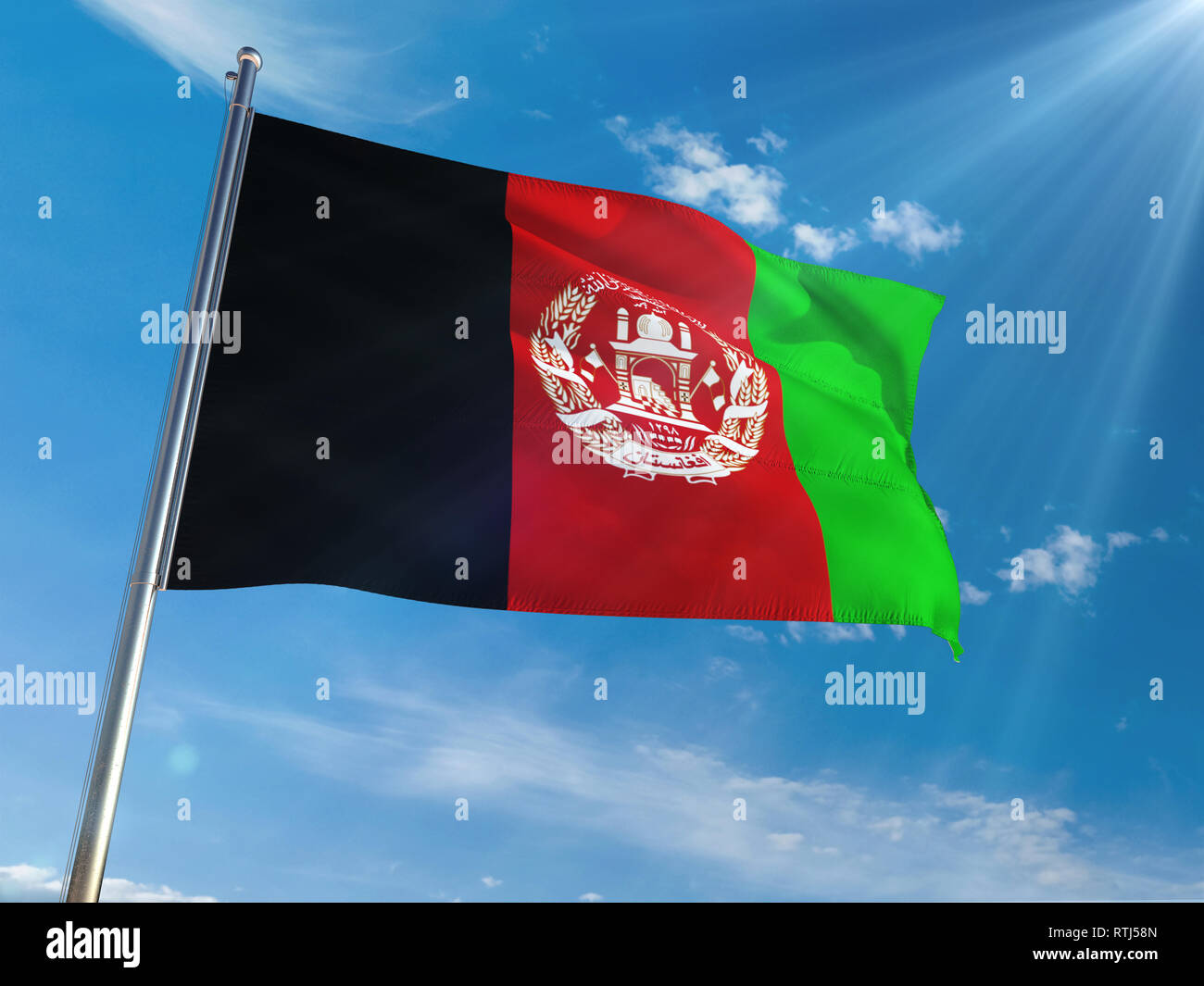 Flag of Afghanistan waving in the wind against sunny blue sky. High ...