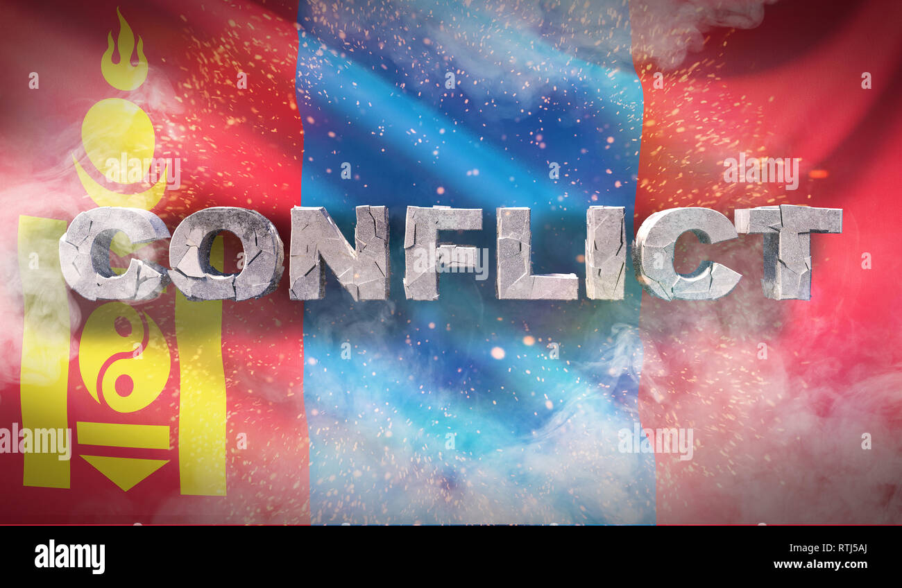 Conflict concept in Mongolia. Waved highly detailed fabric texture. 3D ...