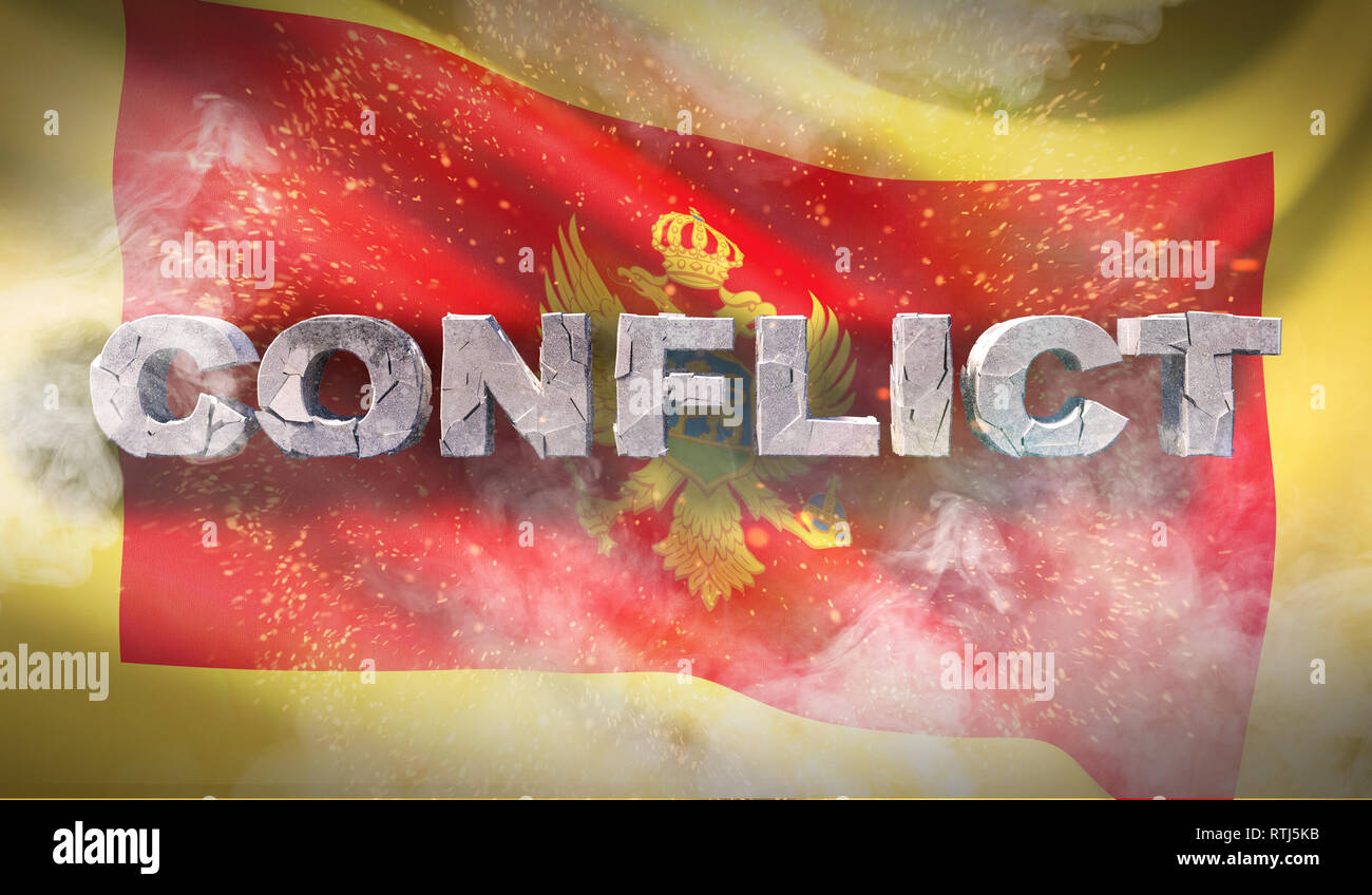 Conflict concept in Montenegro. Waved highly detailed fabric texture ...