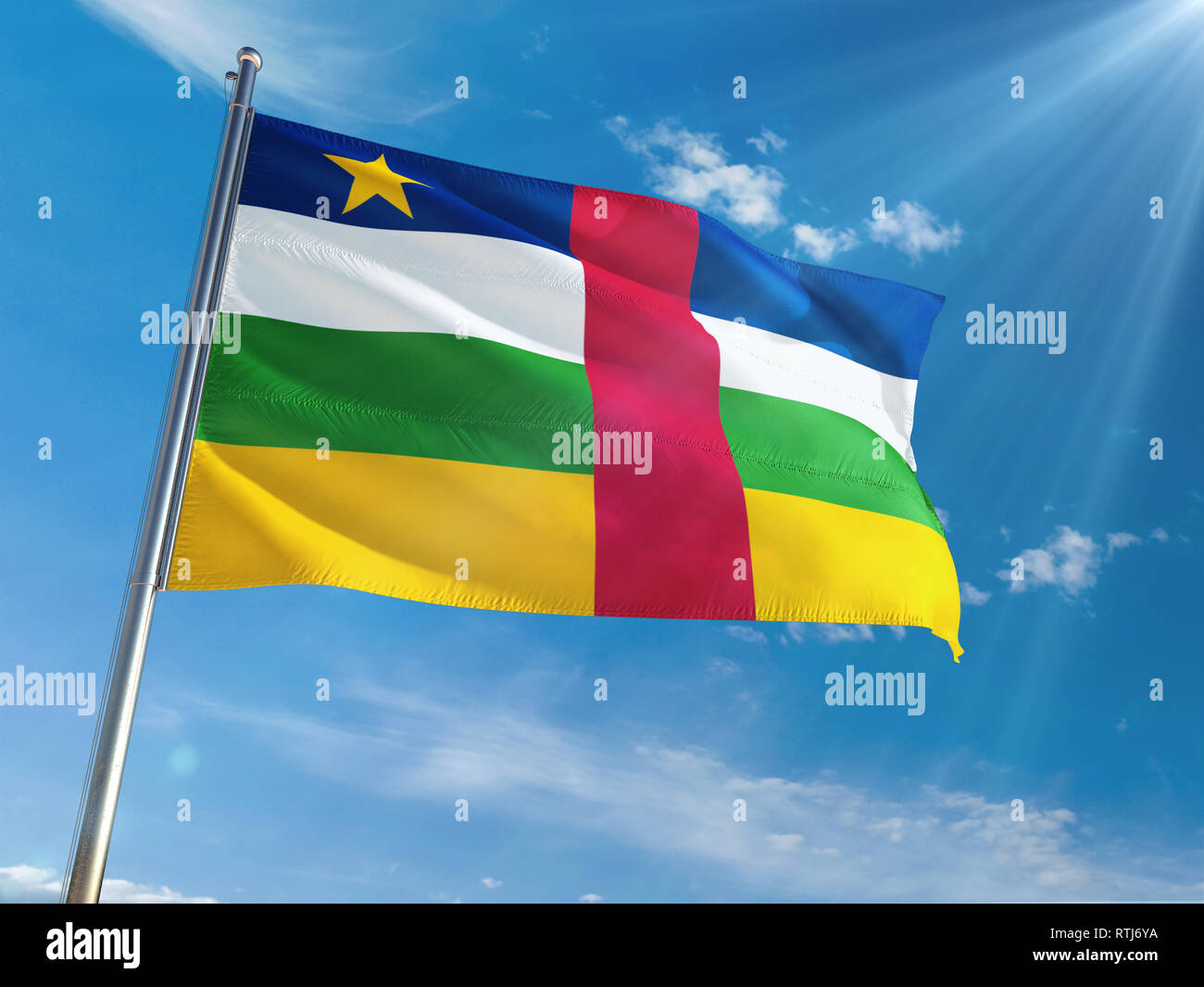 Central African Republic National Flag Waving on pole against sunny ...