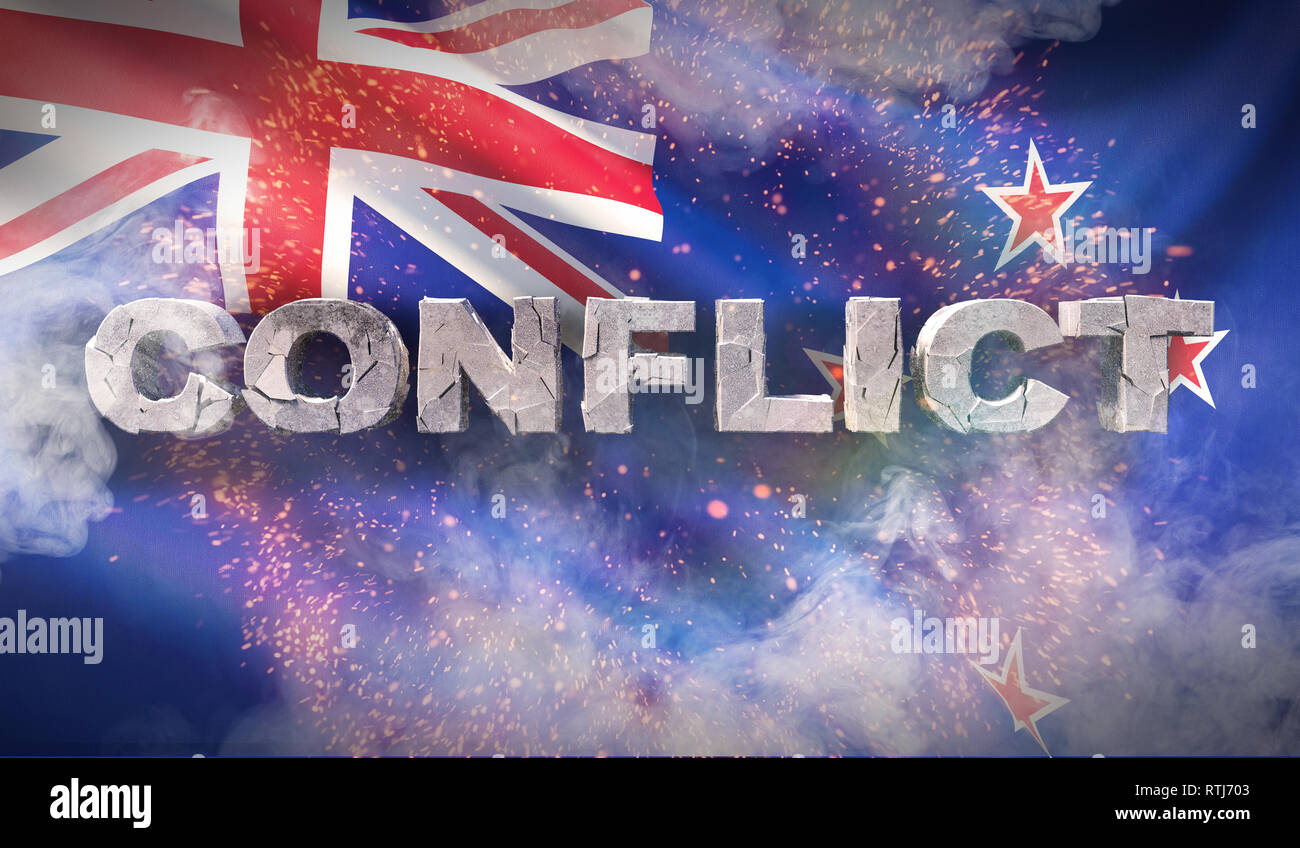 Conflict concept in New Zealand. Waved highly detailed fabric texture ...