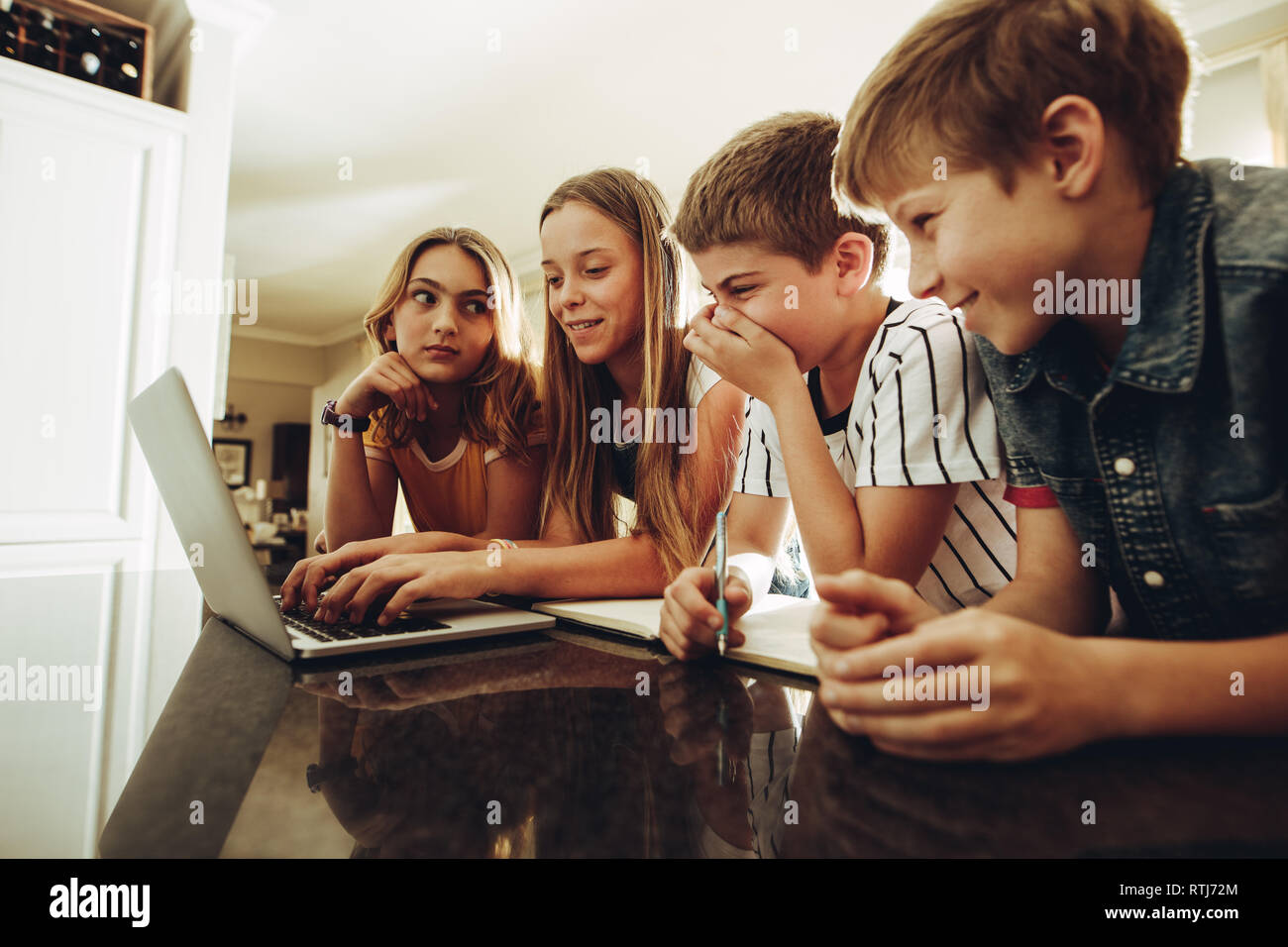 Kids enjoying learning together on a laptop computer. Girl using laptop ...