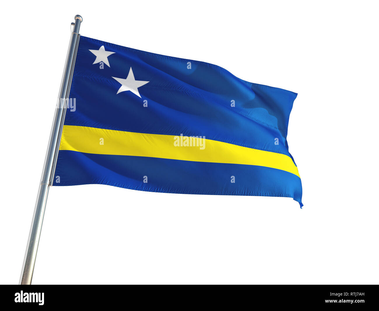 Curacao National Flag waving in the wind, isolated white background ...