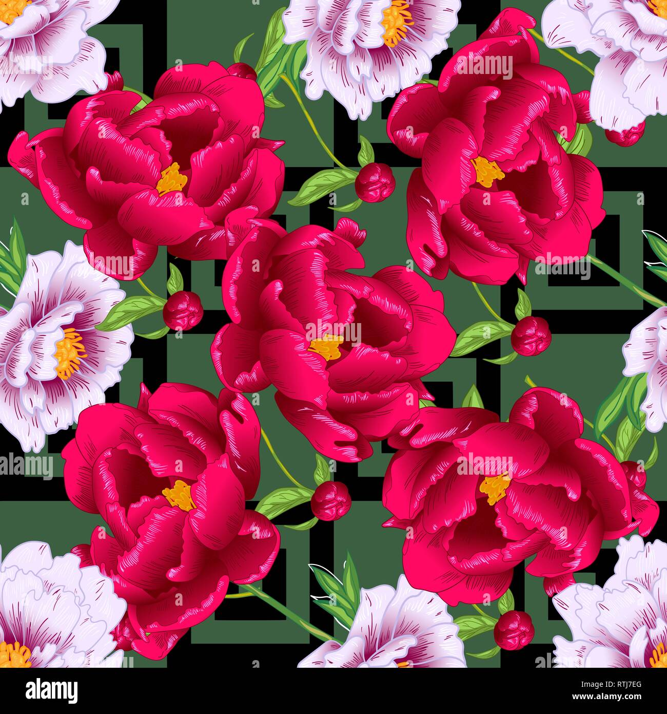 Vector red and pink peony floral botanical flowers. Engraved ink art ...