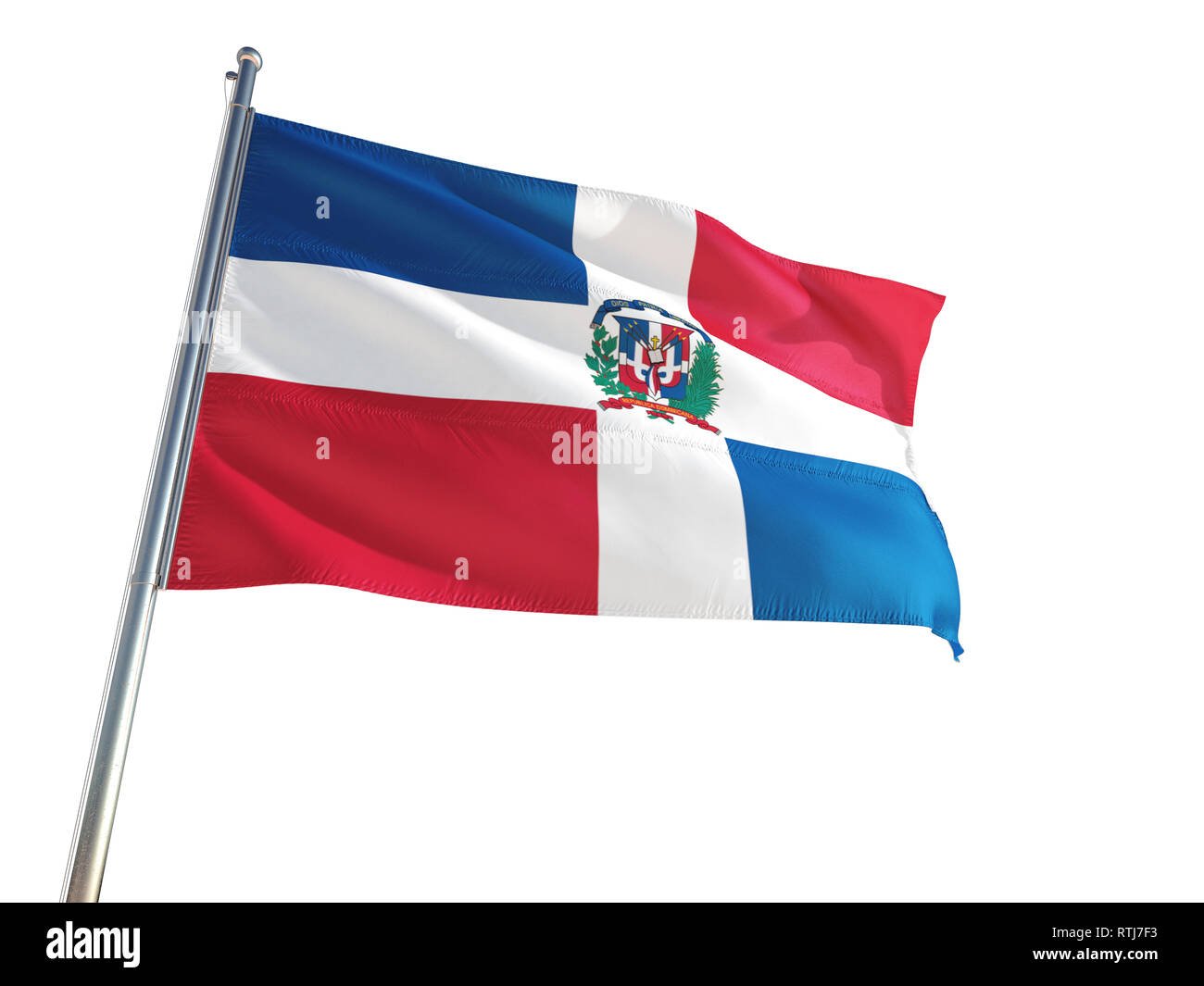 Dominican Republic National Flag waving in the wind, isolated white ...