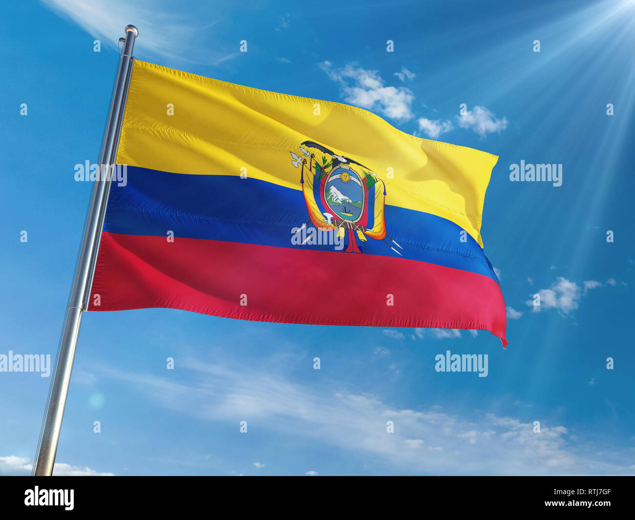Ecuador National Flag Waving on pole against sunny blue sky background ...