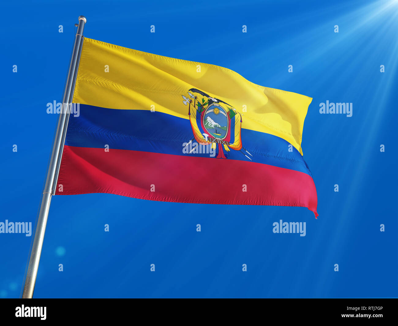 Ecuador National Flag Waving on pole against deep blue sky background ...