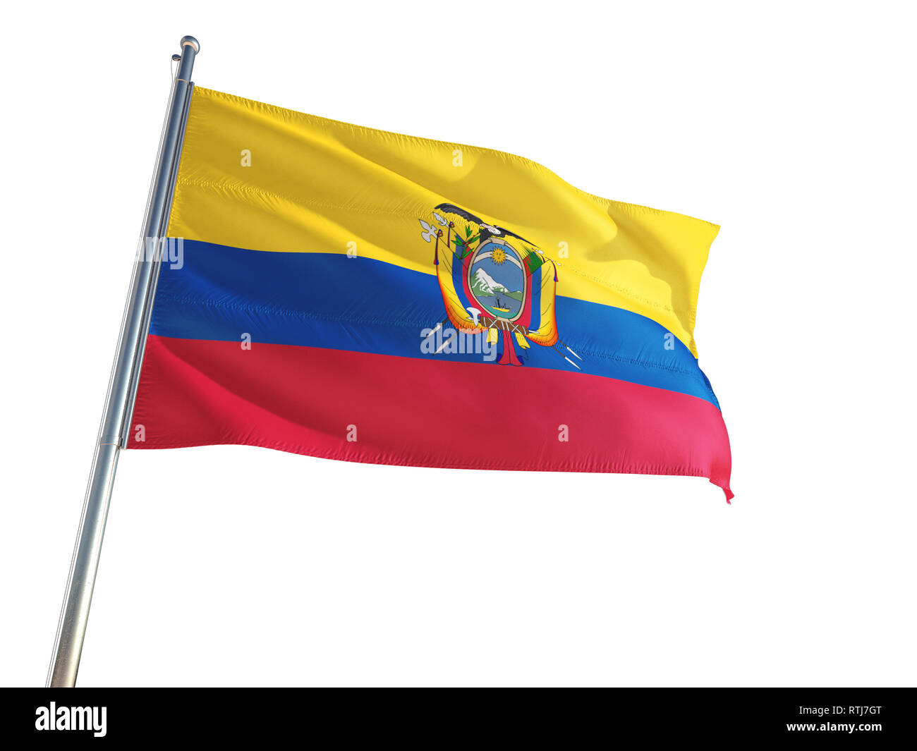 Ecuador National Flag waving in the wind, isolated white background ...