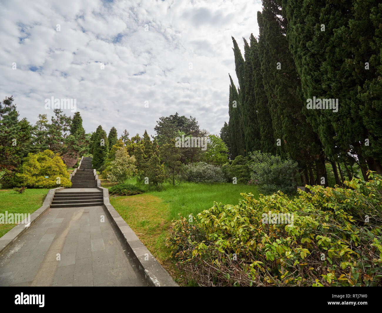 Walkway with steps in a green city park on a cloudy day Stock Photo - Alamy