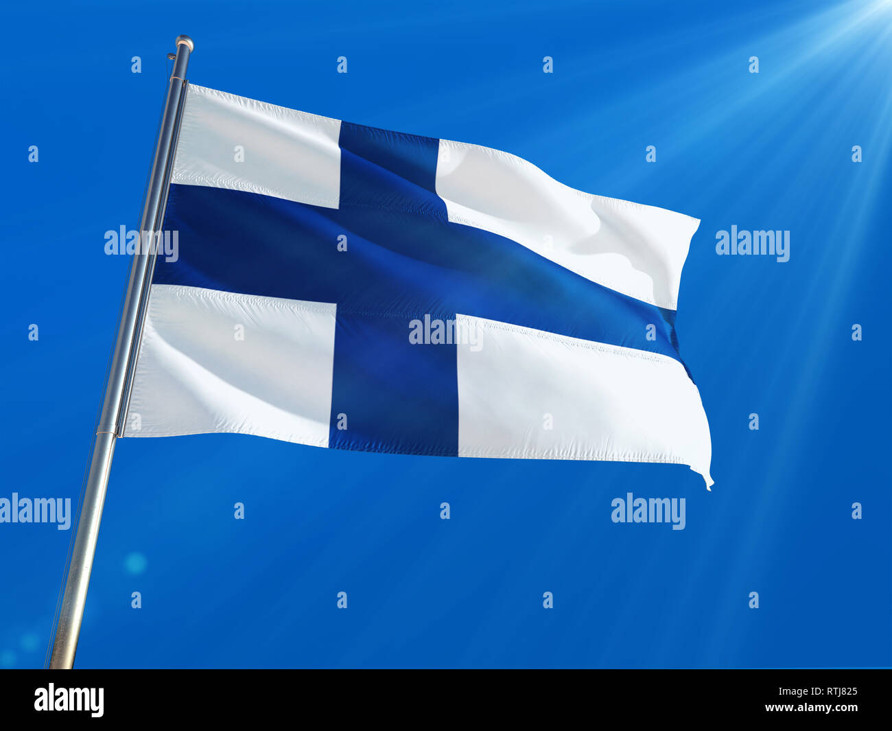 Finland National Flag Waving on pole against deep blue sky background ...