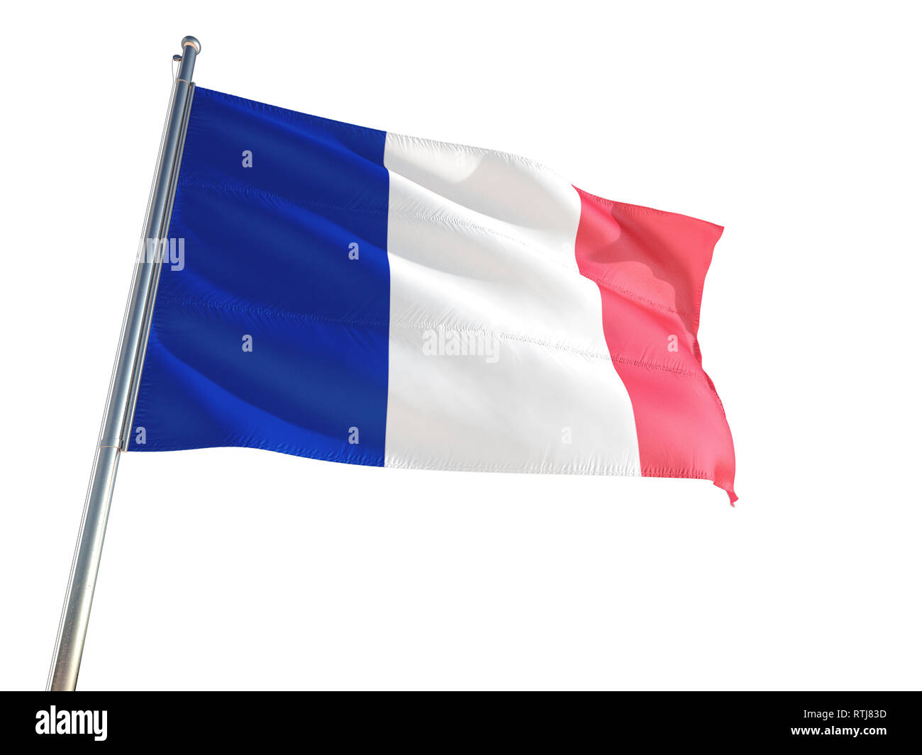 France National Flag waving in the wind, isolated white background ...