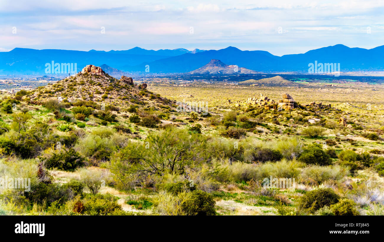 View of the Valley of the Sun and the rugged rocky mountains in the ...