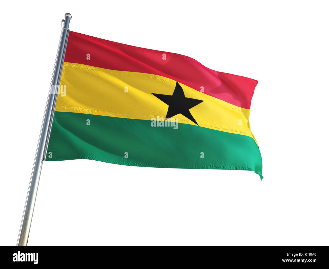 Ghana National Flag waving in the wind, isolated white background. High ...