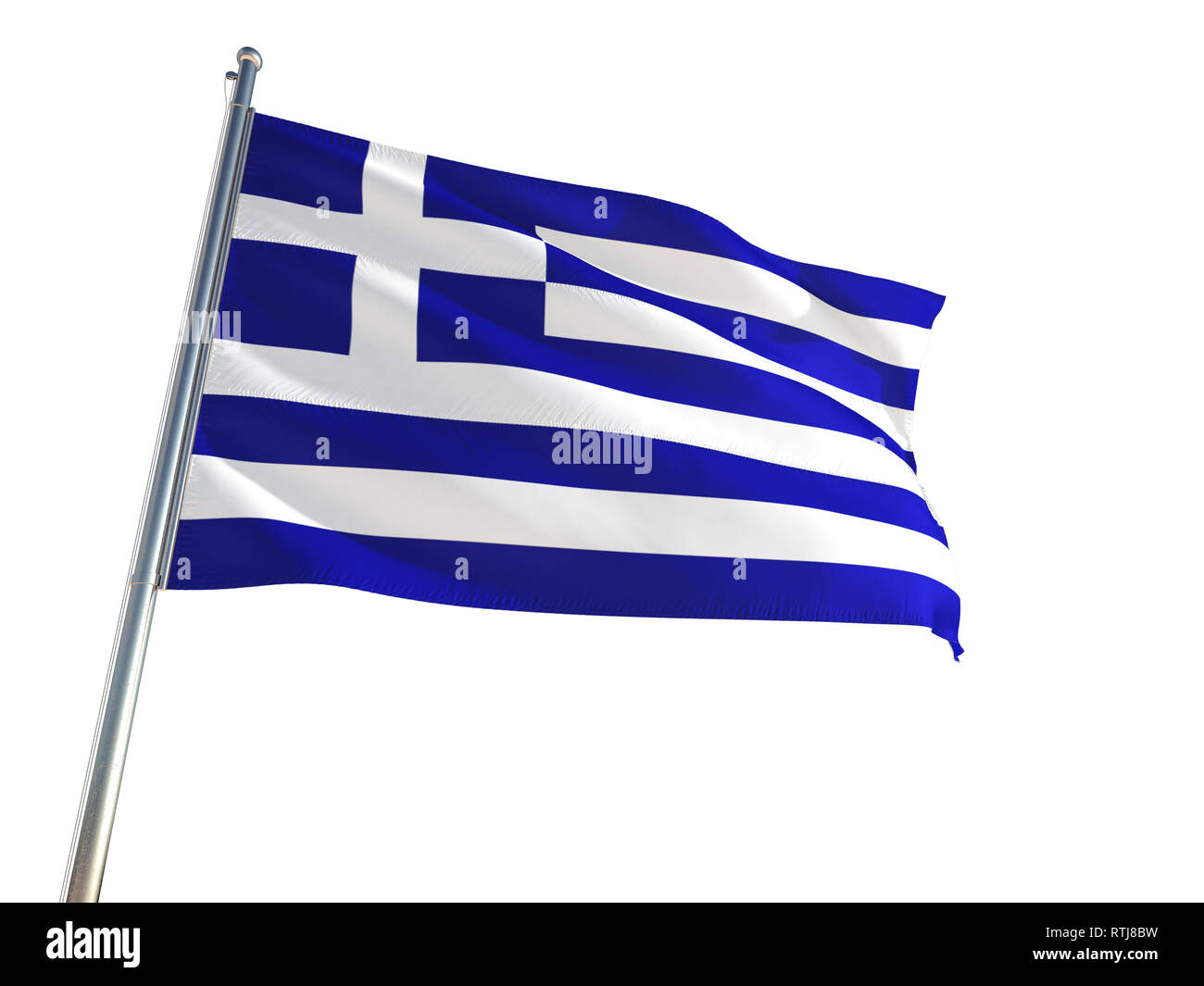 Greece National Flag waving in the wind, isolated white background ...