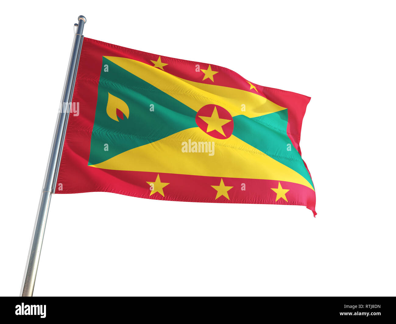 Grenada National Flag waving in the wind, isolated white background ...