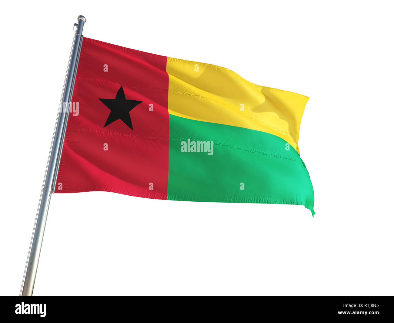 Guinea Bissau National Flag waving in the wind, isolated white ...