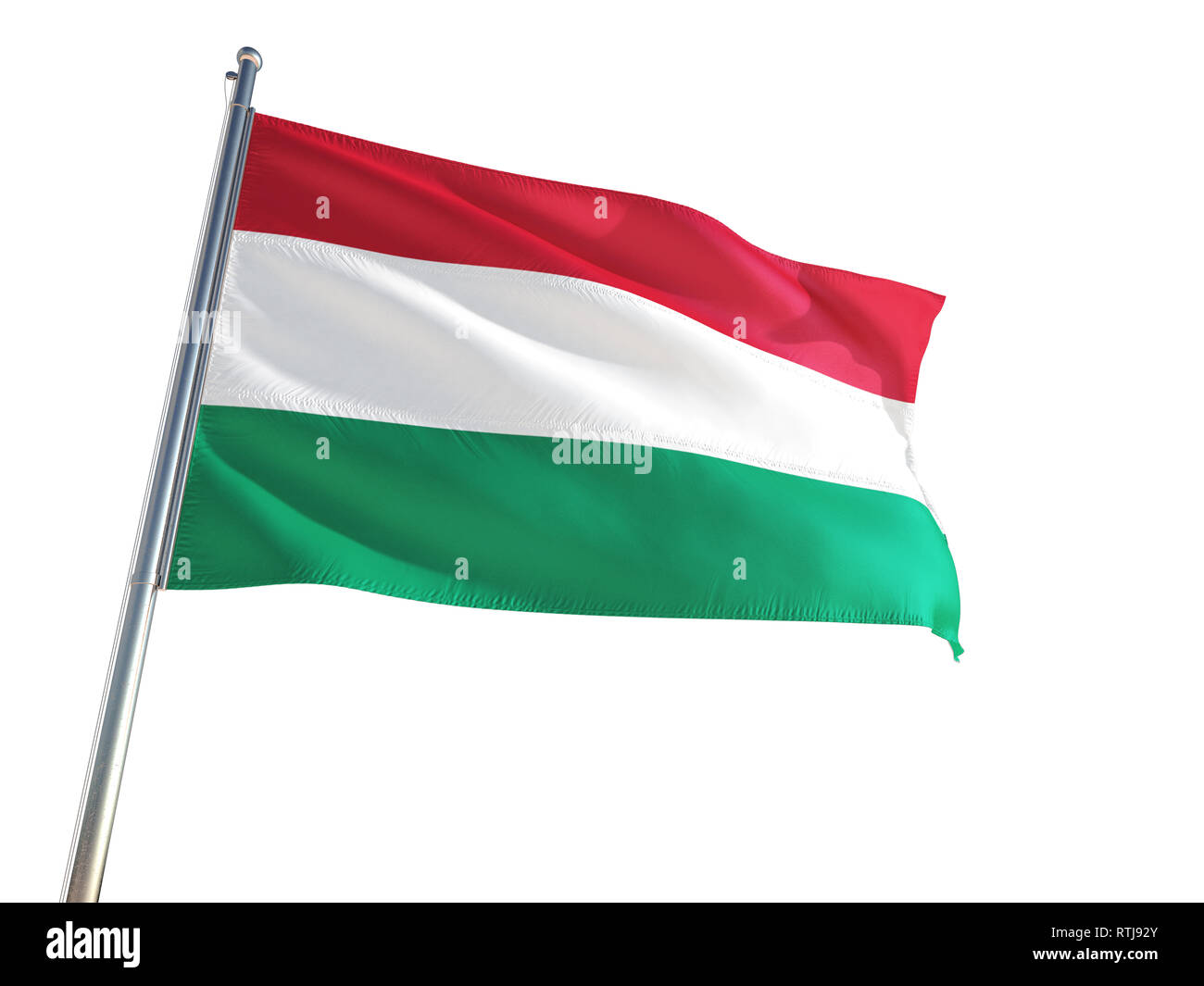 Hungary National Flag waving in the wind, isolated white background ...