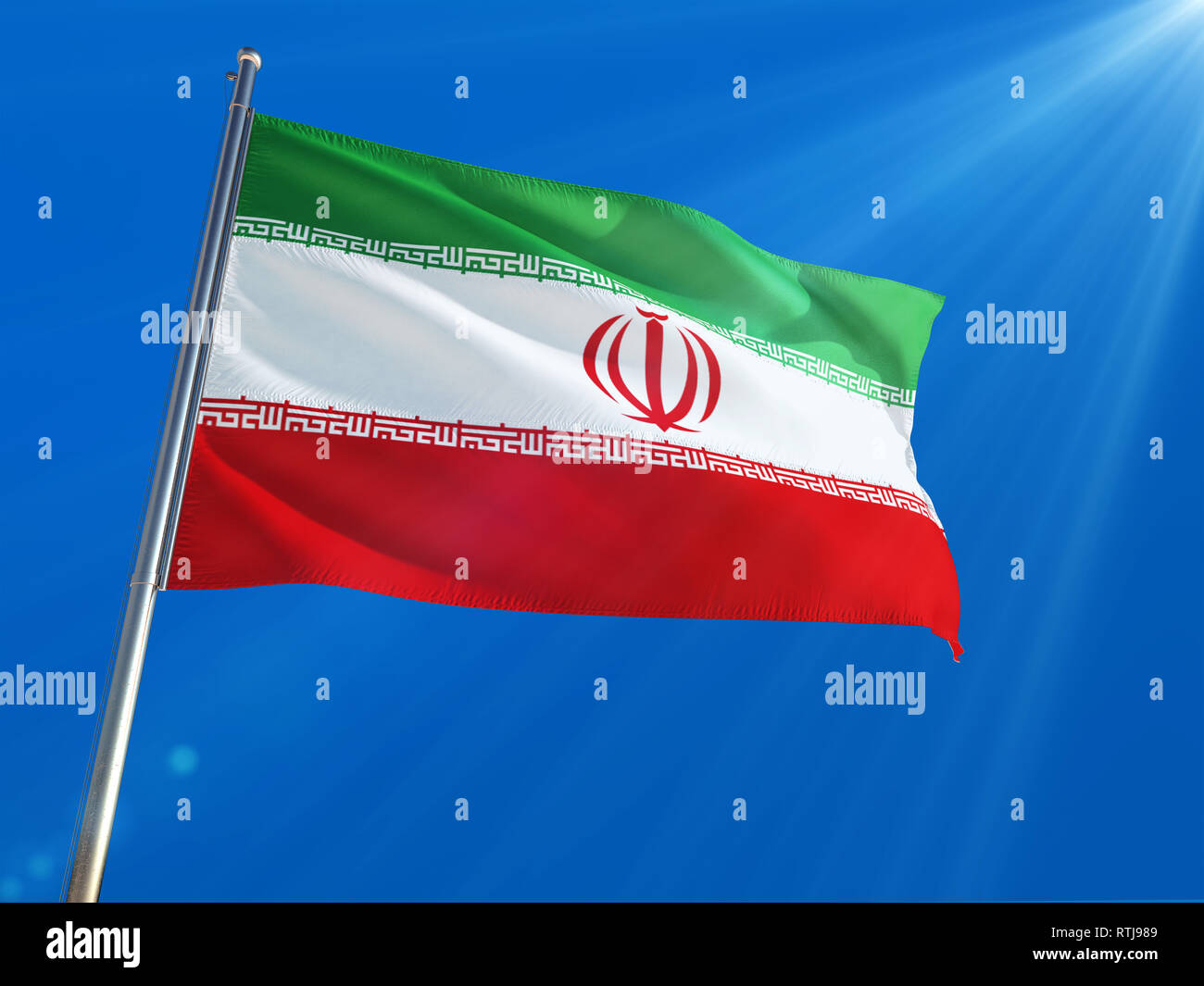 Iran National Flag Waving on pole against deep blue sky background ...