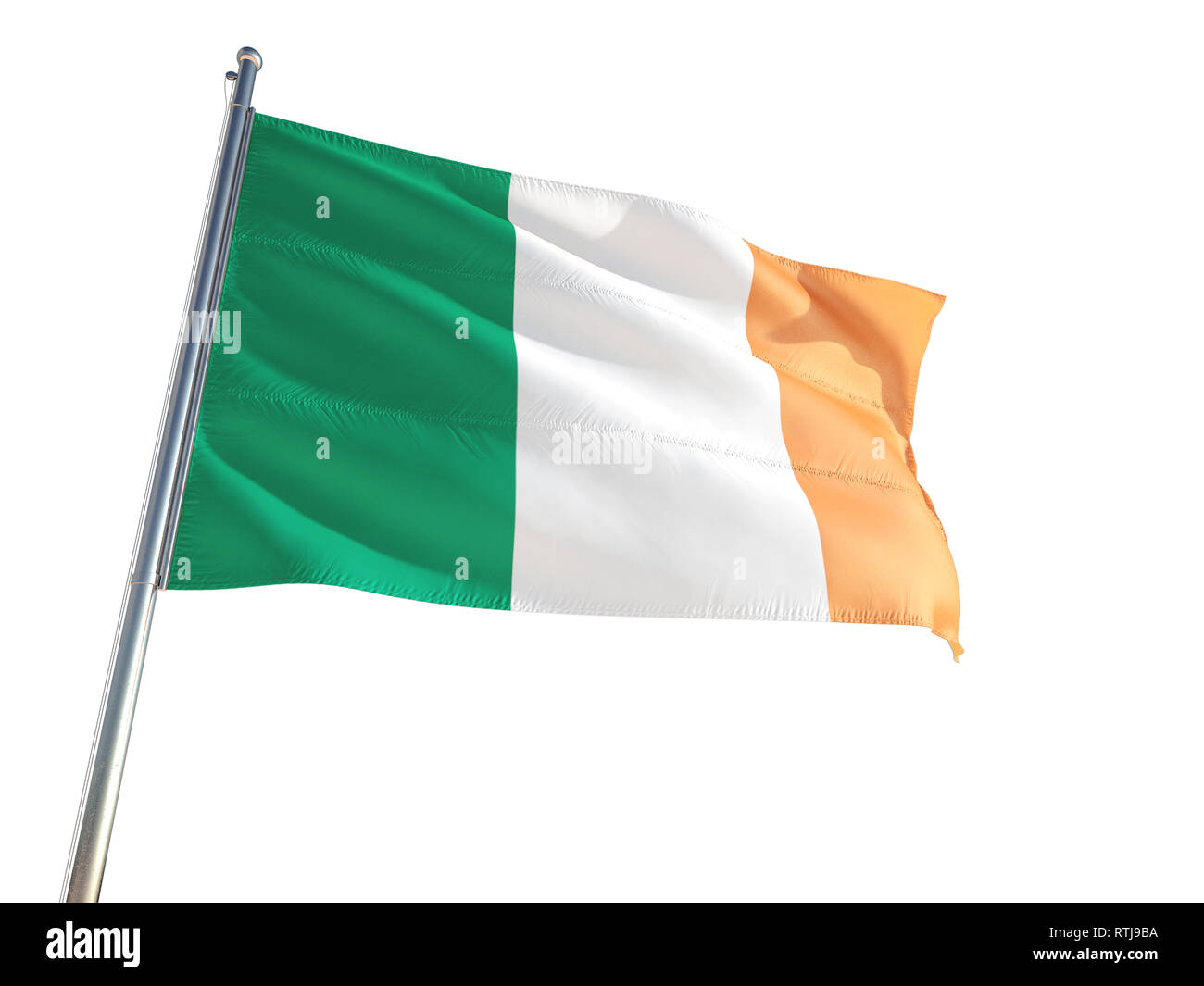 Ireland National Flag waving in the wind, isolated white background ...