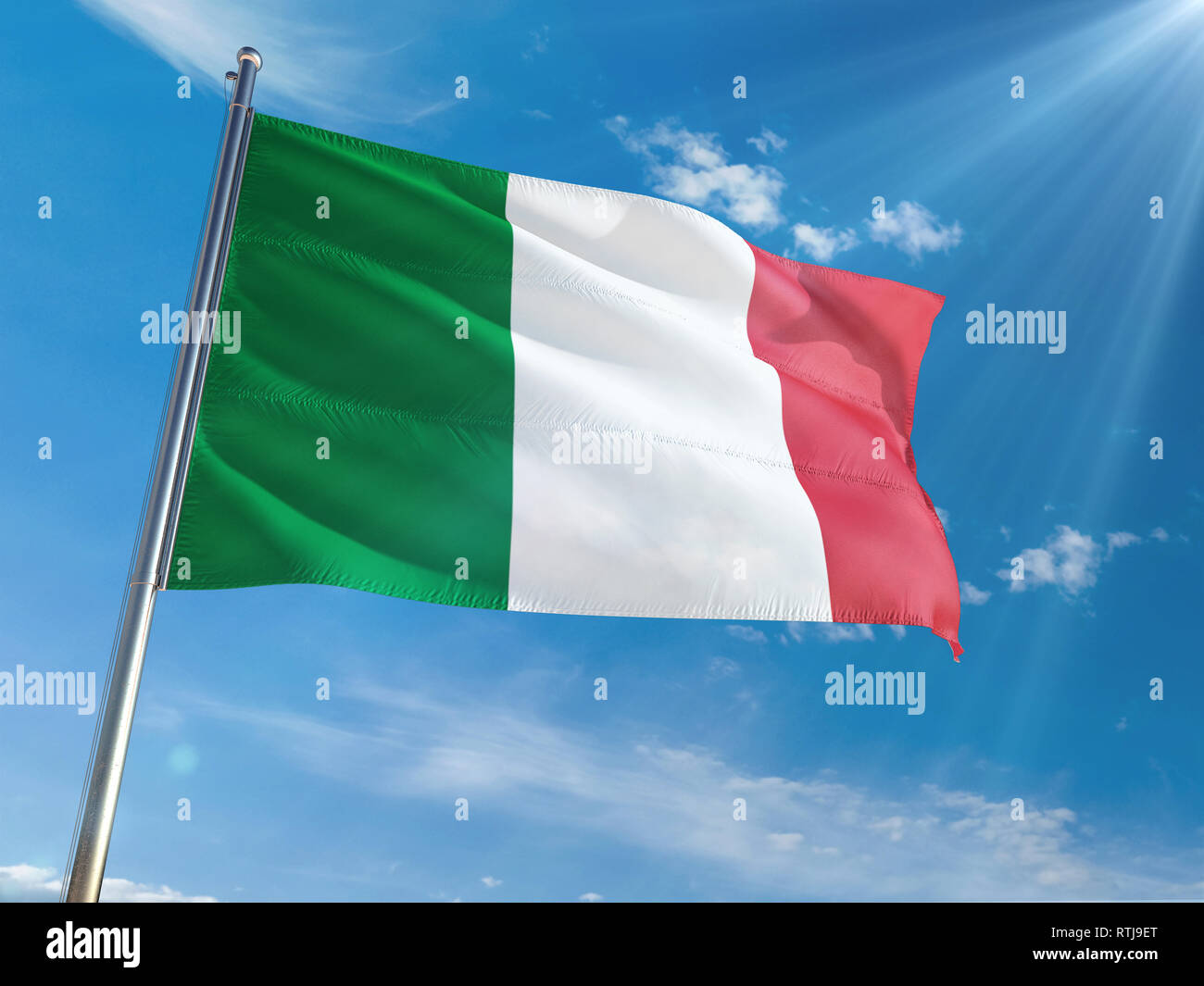 Italy National Flag Waving on pole against sunny blue sky background ...