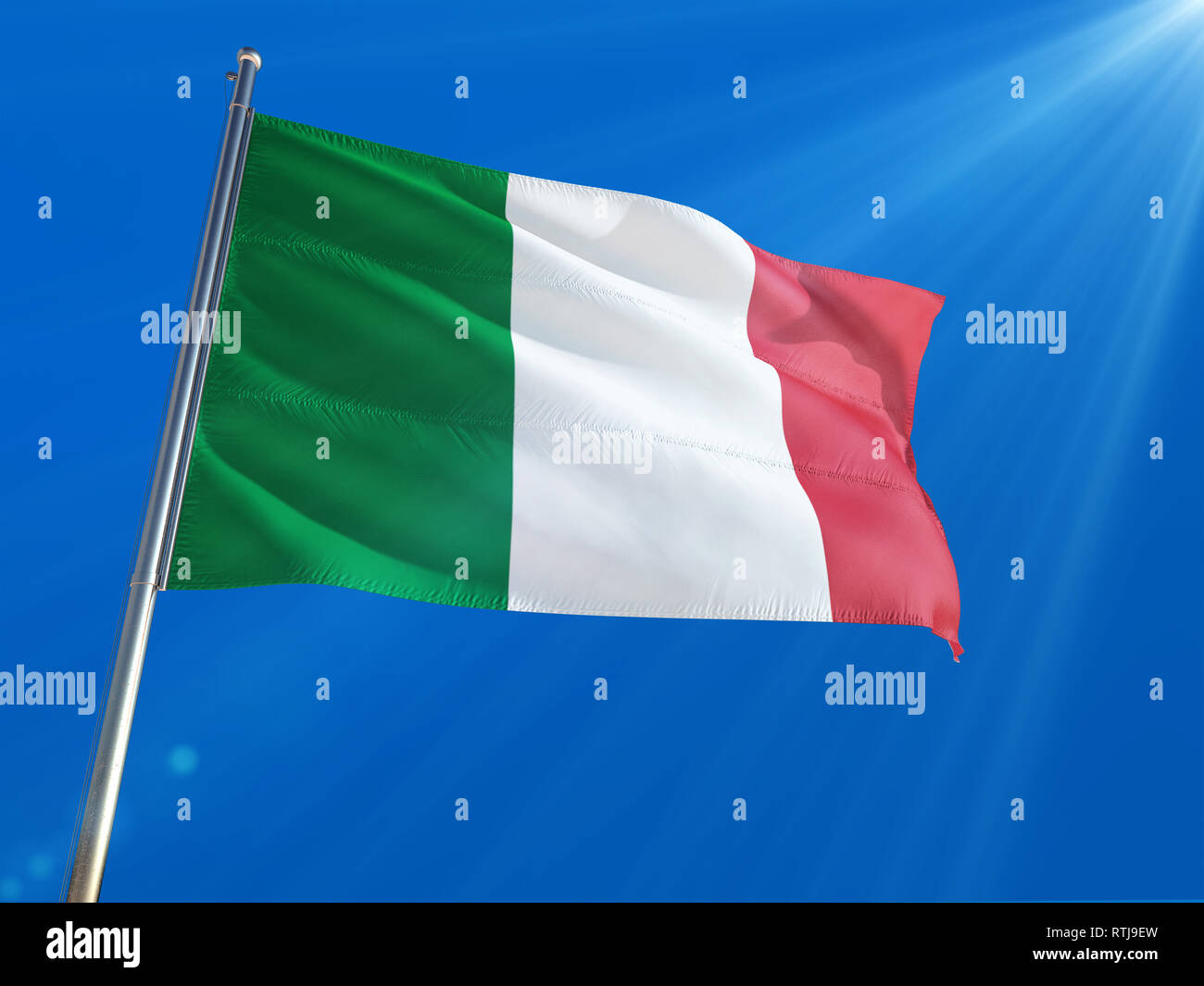 Italy National Flag Waving on pole against deep blue sky background ...