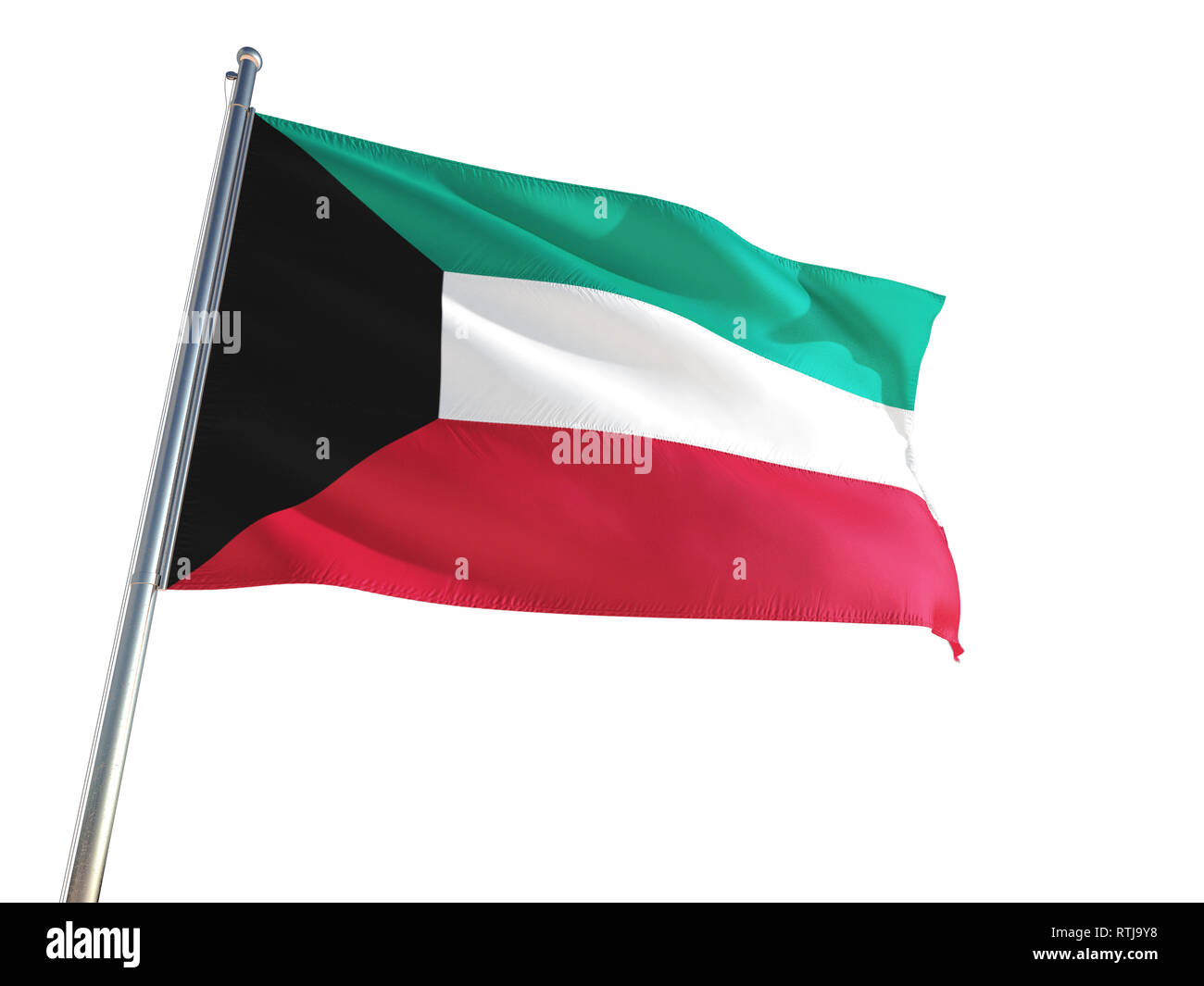 Kuwait National Flag waving in the wind, isolated white background ...