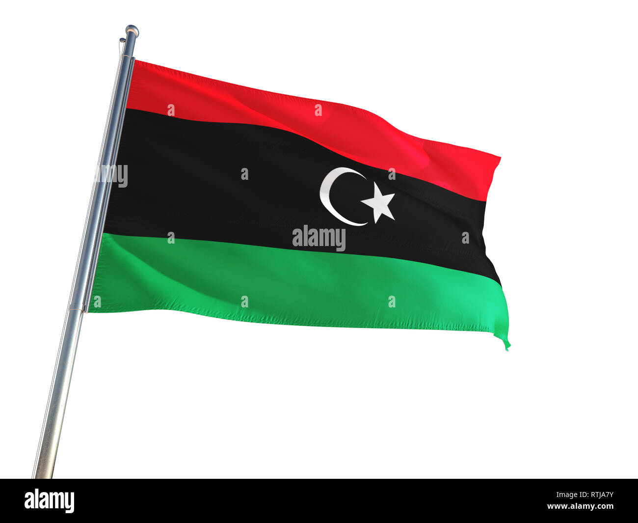 Libya National Flag waving in the wind, isolated white background. High ...