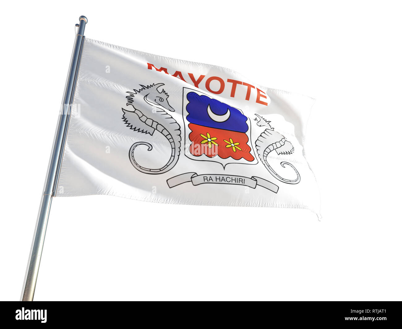 Mayotte National Flag waving in the wind, isolated white background ...