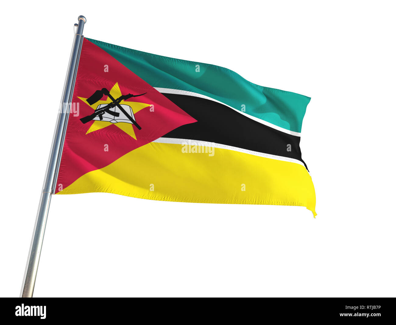 Mozambique National Flag waving in the wind, isolated white background ...