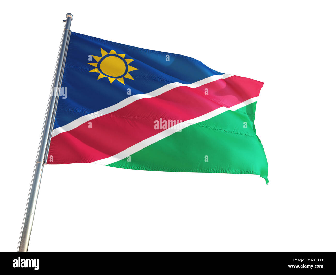 Namibia National Flag waving in the wind, isolated white background ...