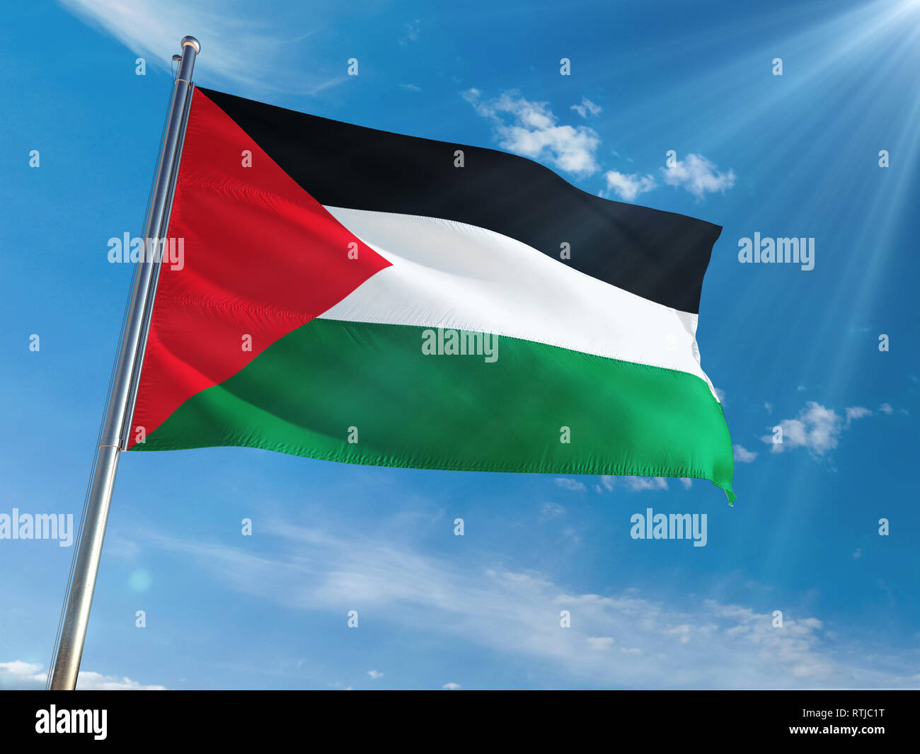 Palestine National Flag Waving on pole against sunny blue sky ...