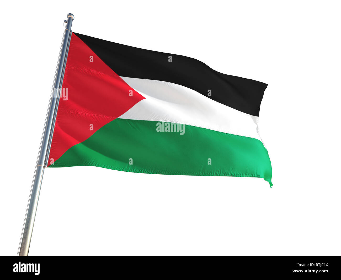 Palestine National Flag waving in the wind, isolated white background ...