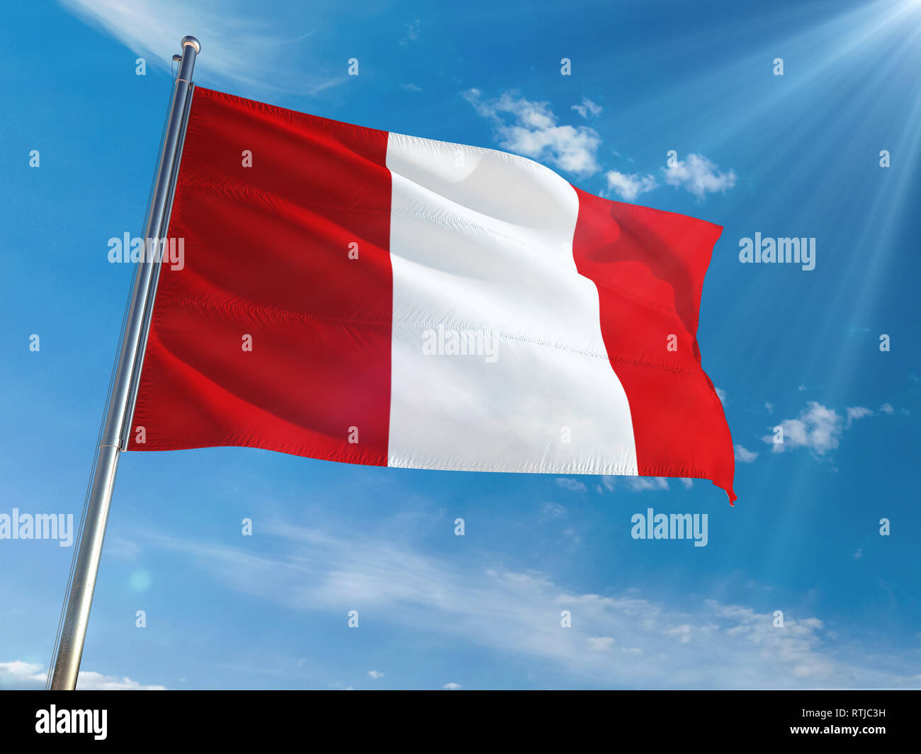 Peru National Flag Waving on pole against sunny blue sky background ...