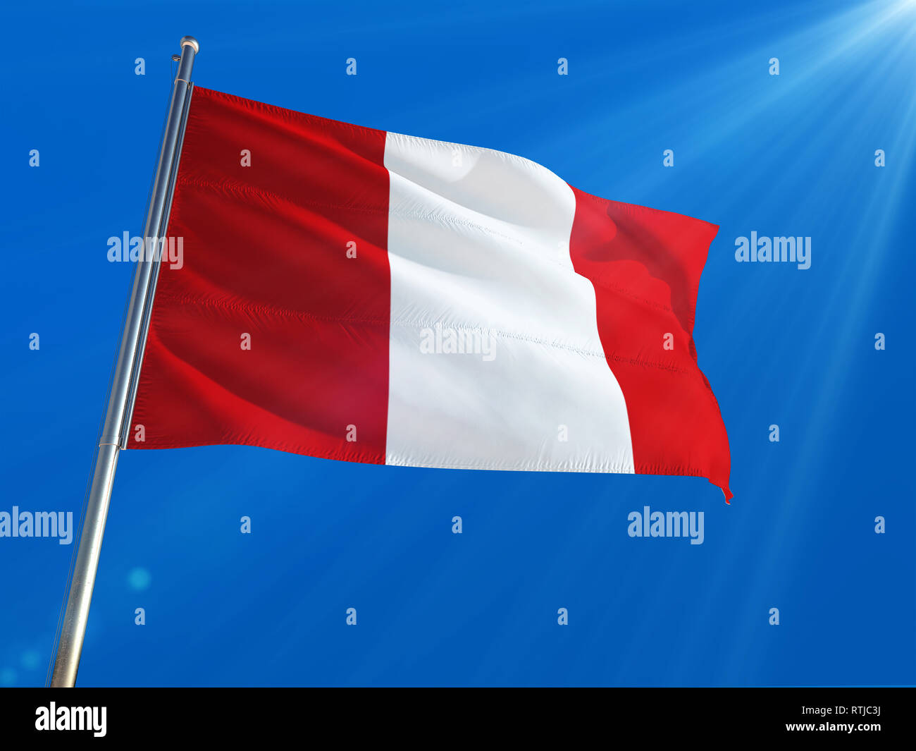 Peru National Flag Waving on pole against deep blue sky background ...